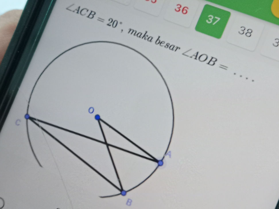 ∠ACB = 20°, maka besar ∠AOB = .... The | StudyX