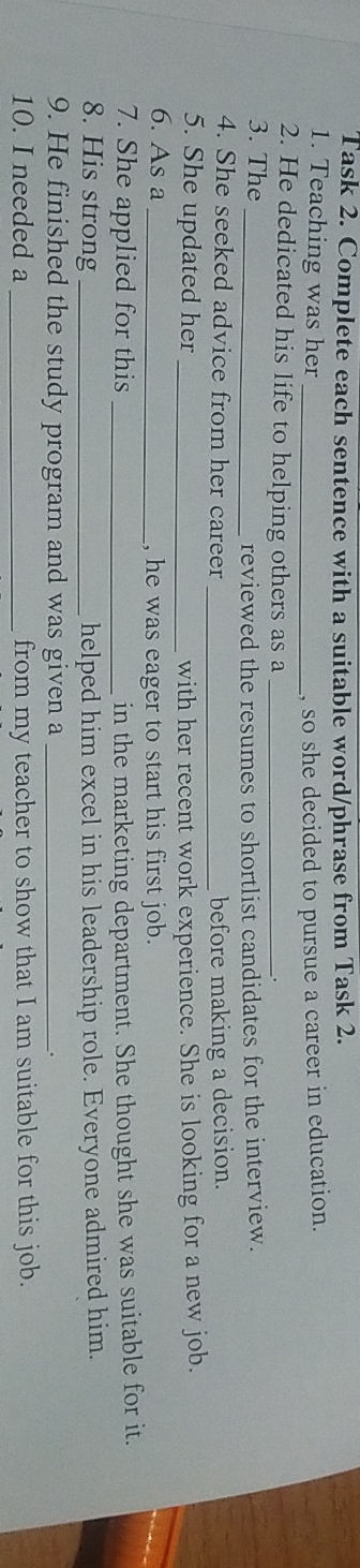 Task 2. Complete each sentence with a | StudyX