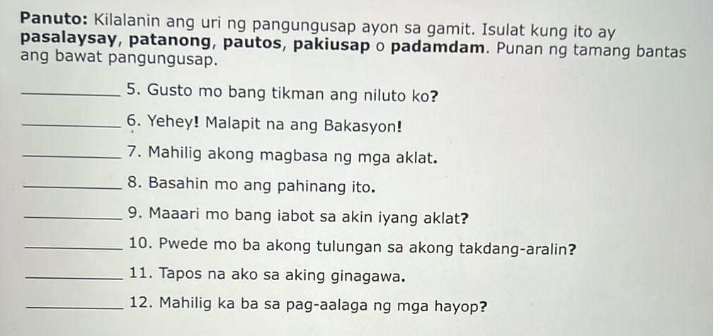 Panuto: Kilalanin ang uri ng pangungusap | StudyX