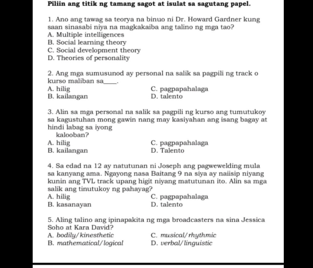 Piliin ang titik ng tamang sagot at isulat | StudyX