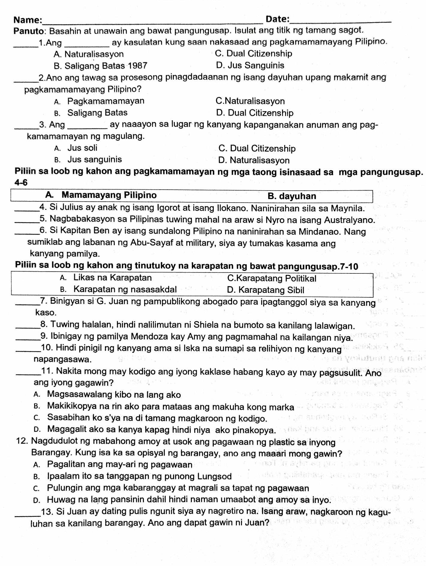 Panuto: Basahin at unawain ang bawat | StudyX