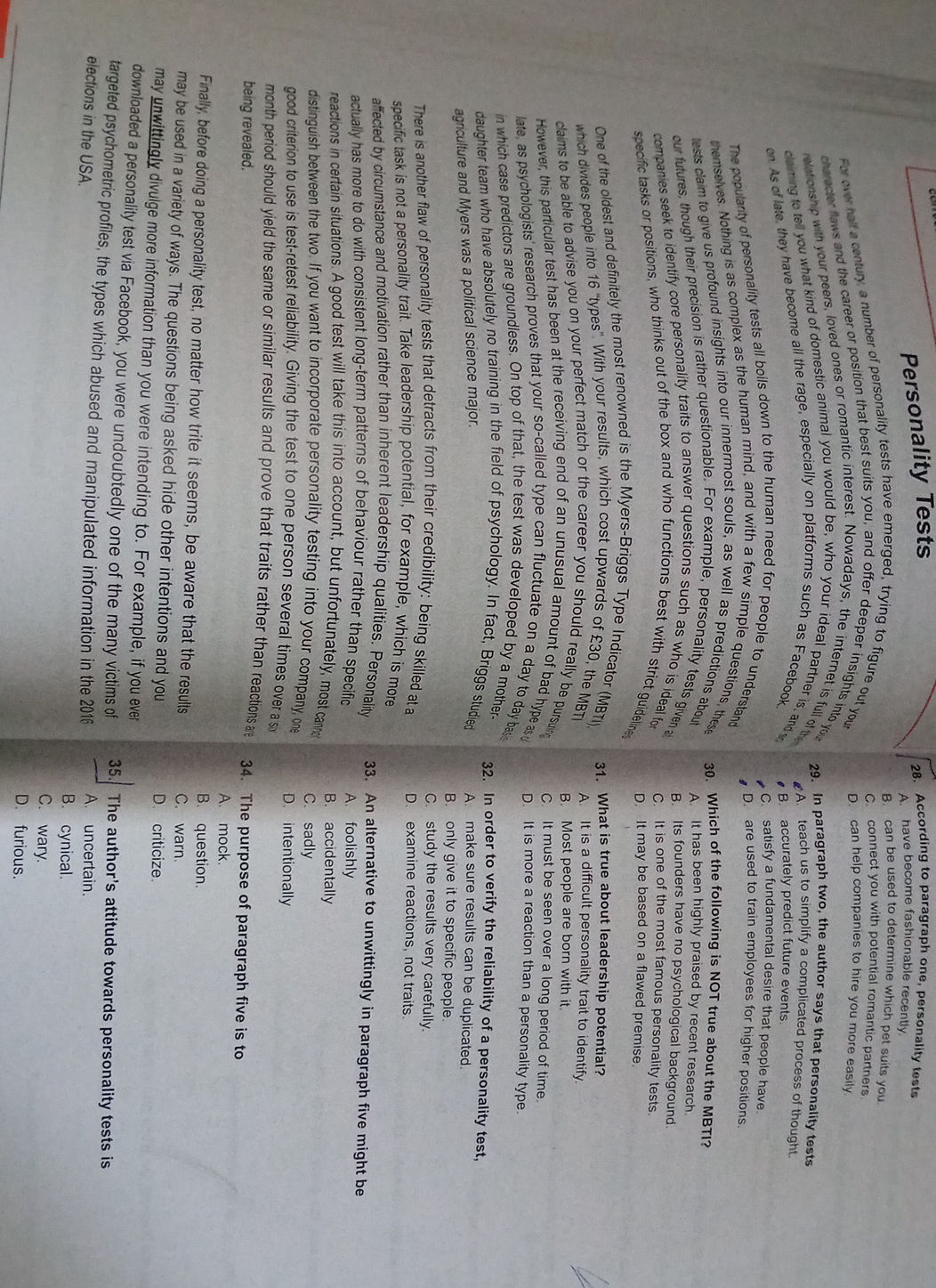 28. According to paragraph one, personality | StudyX