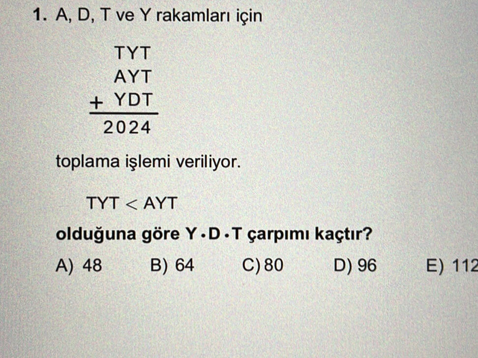 1. A, D, T ve Y rakamları için TYT AYT + | StudyX