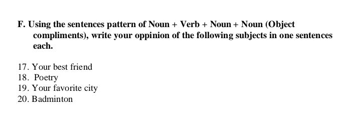F. Using the sentences pattern of Noun + | StudyX