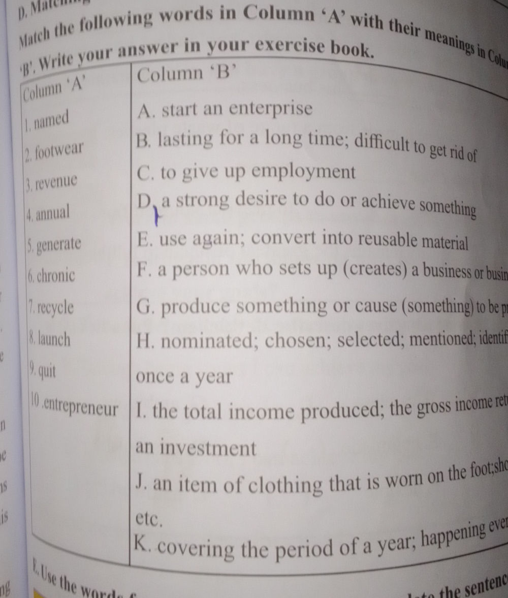 Match the following words in Column 'A' with | StudyX