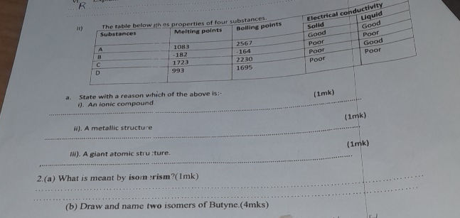 The table below shows properties of four | StudyX