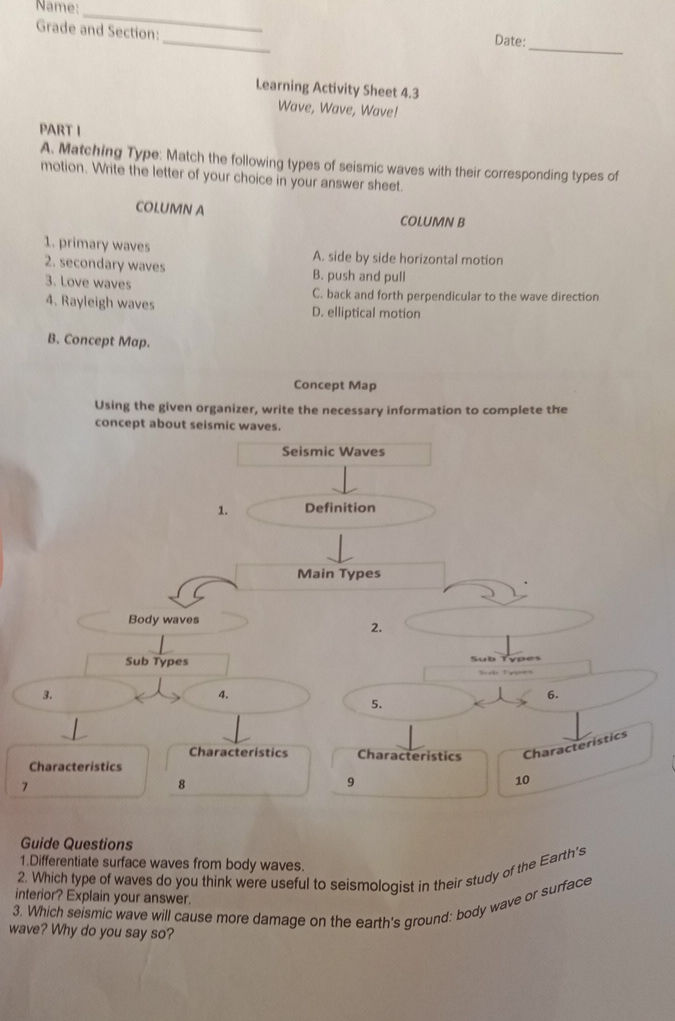 PART I A. Matching Type: Match the | StudyX