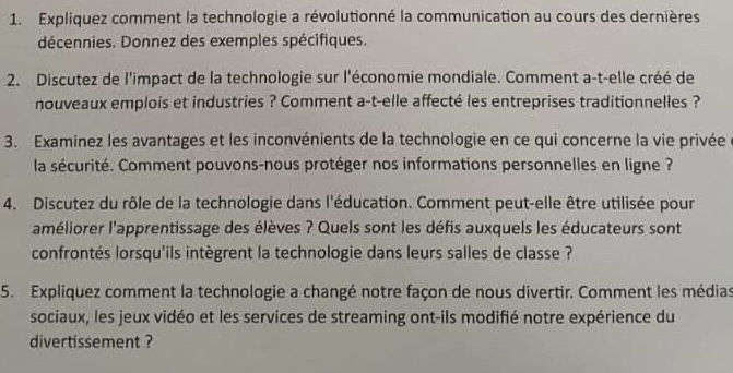 1. Expliquez comment la technologie a | StudyX