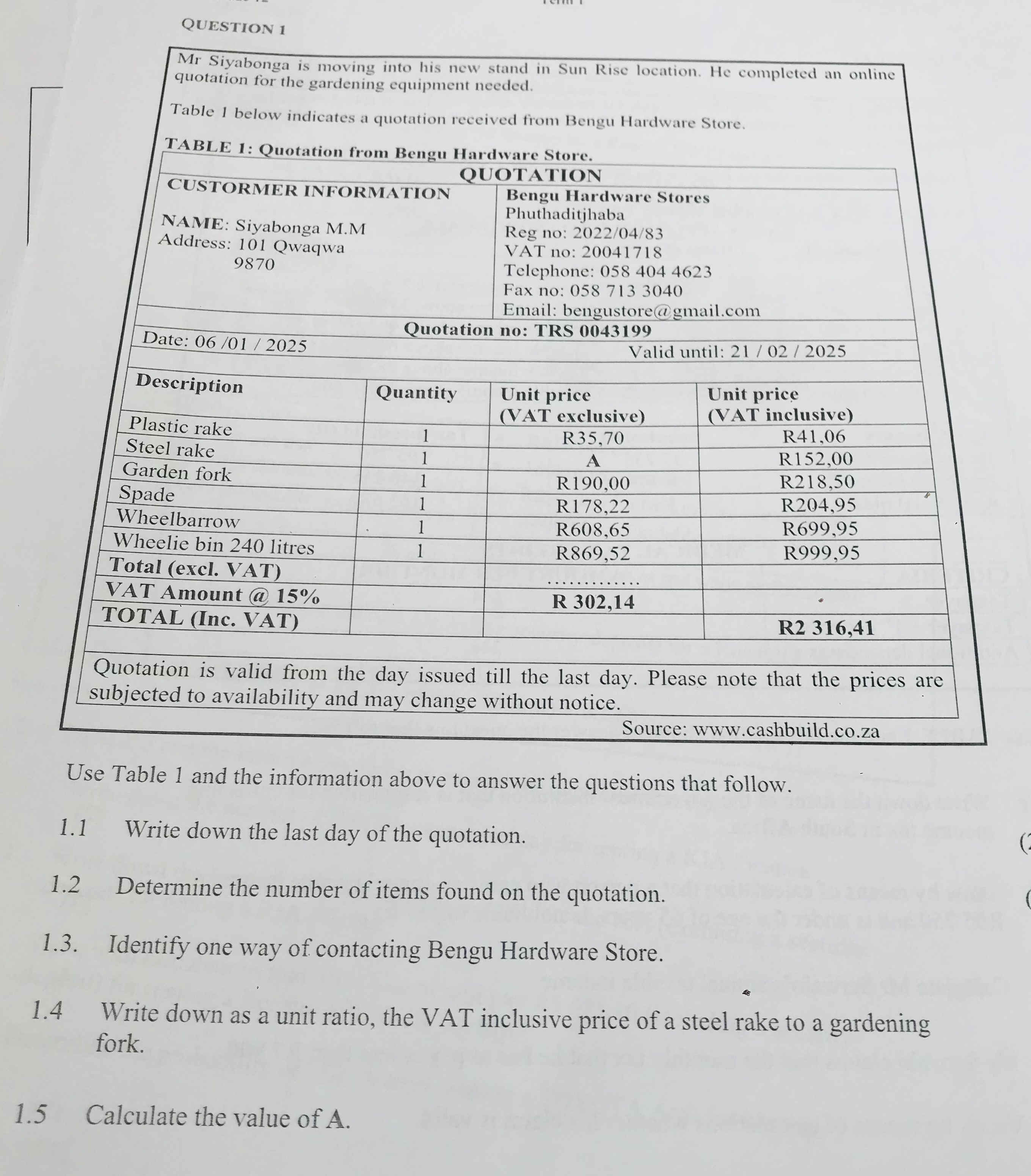 Table 1: Quotation from Bengu Hardware | StudyX