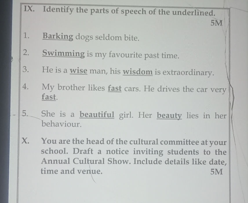 IX. Identify the parts of speech of the | StudyX