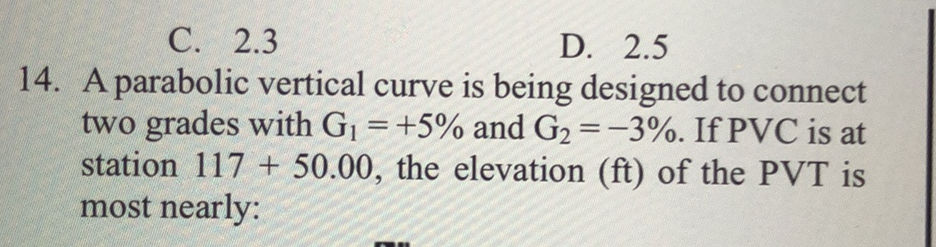 A parabolic vertical curve is being designed
