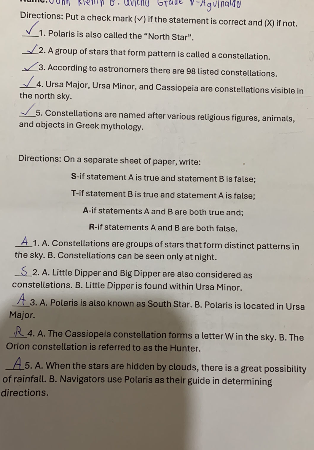 Directions: Put a check mark ( ) if the | StudyX