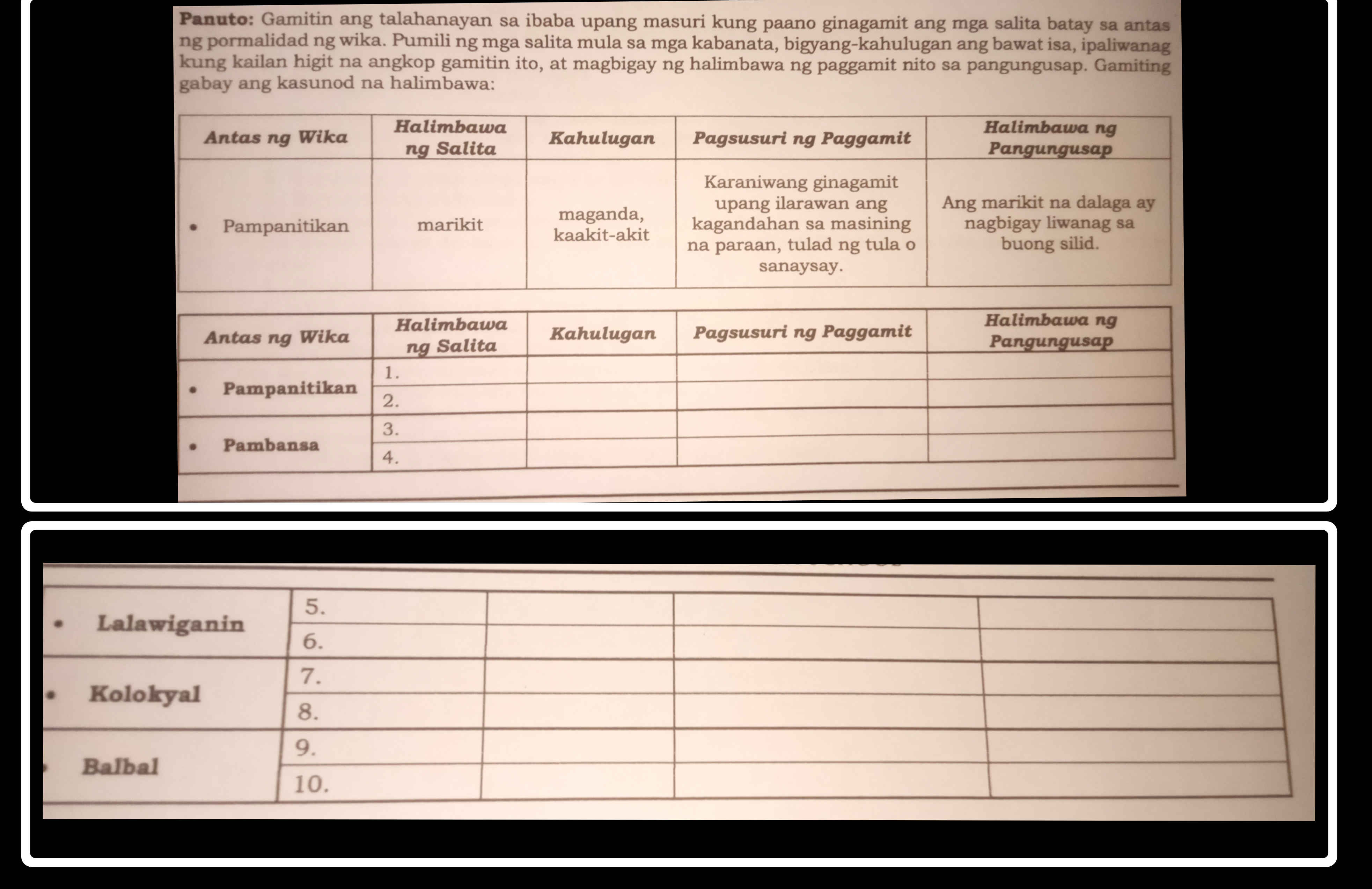 Panuto: Gamitin ang talahanayan sa ibaba | StudyX