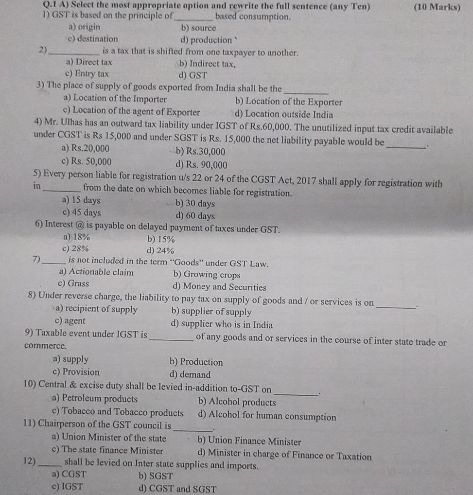 Q.1 A) Select the most appropriate option | StudyX