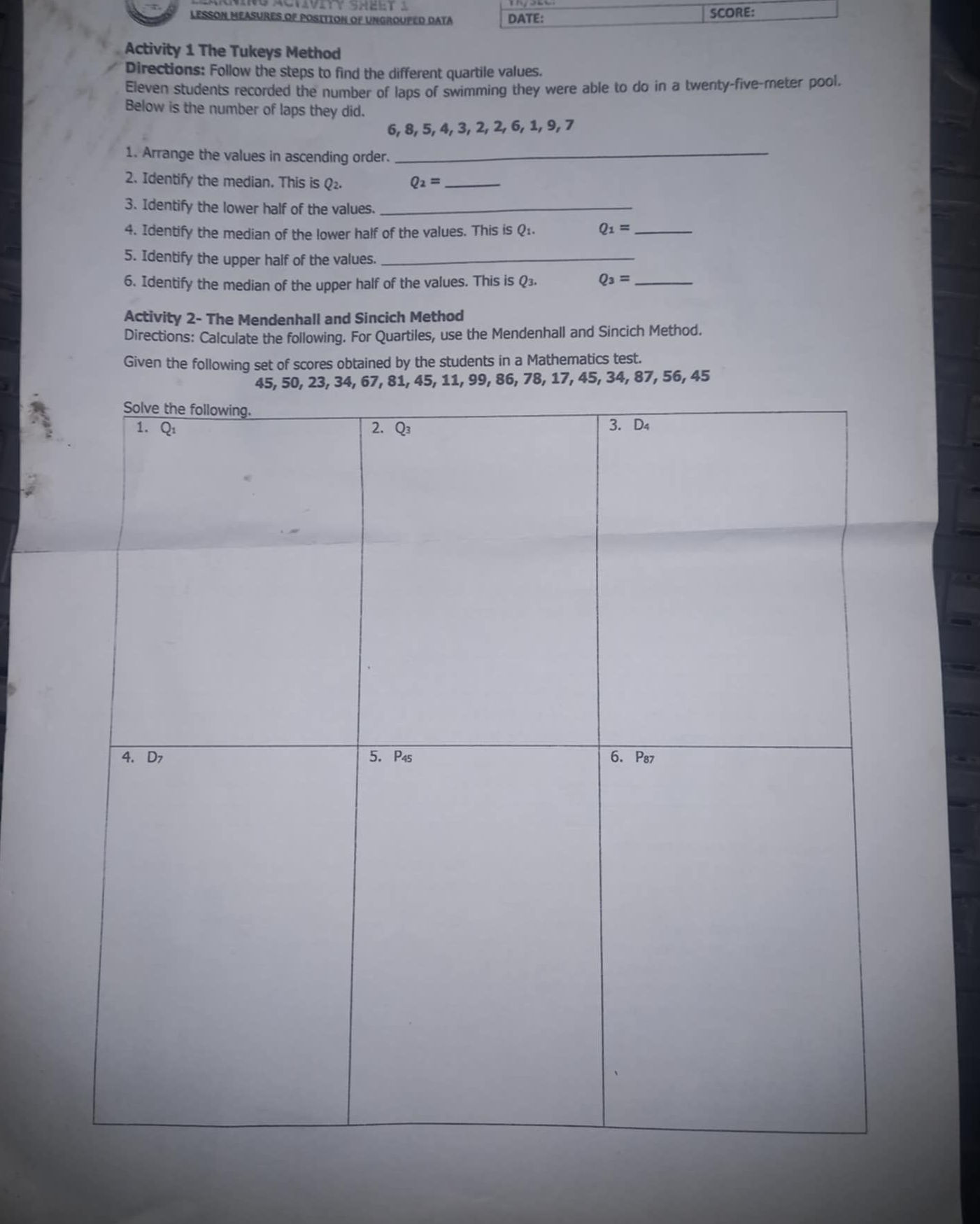 Activity 1 The Tukeys Method Directions: | StudyX