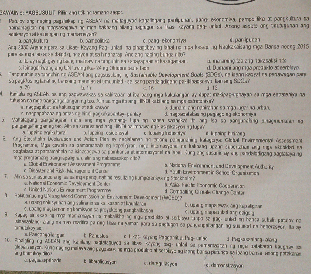 GAWAIN 5: PAGSUSULIT: Piliin ang titik ng | StudyX