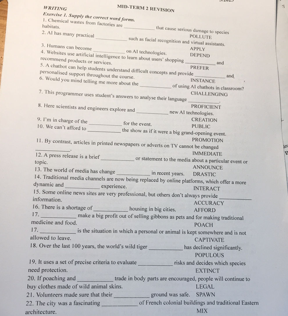 WRITING Exercise 1. Supply the correct word | StudyX