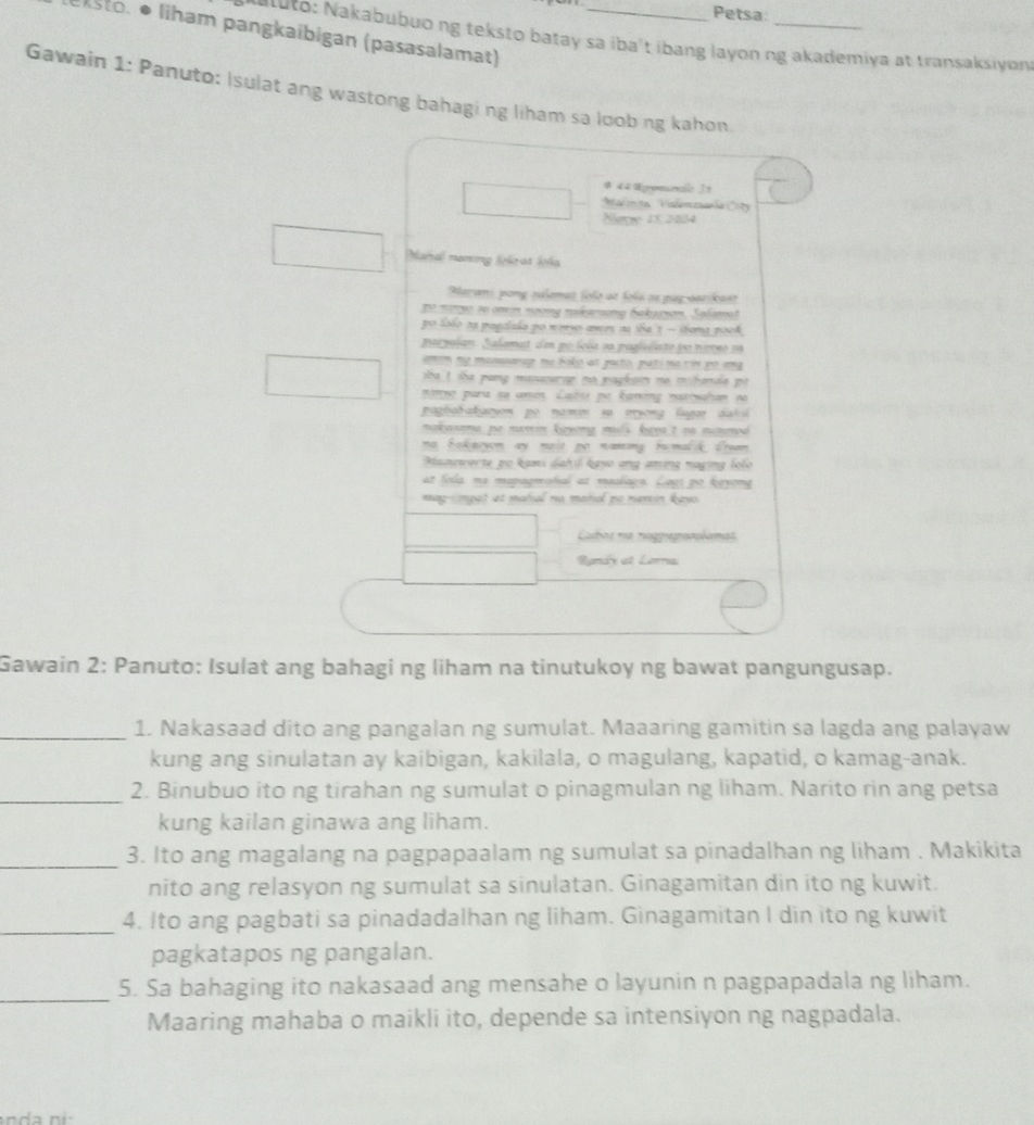 Gawain 1: Panuto: Isulat ang wastong bahagi | StudyX