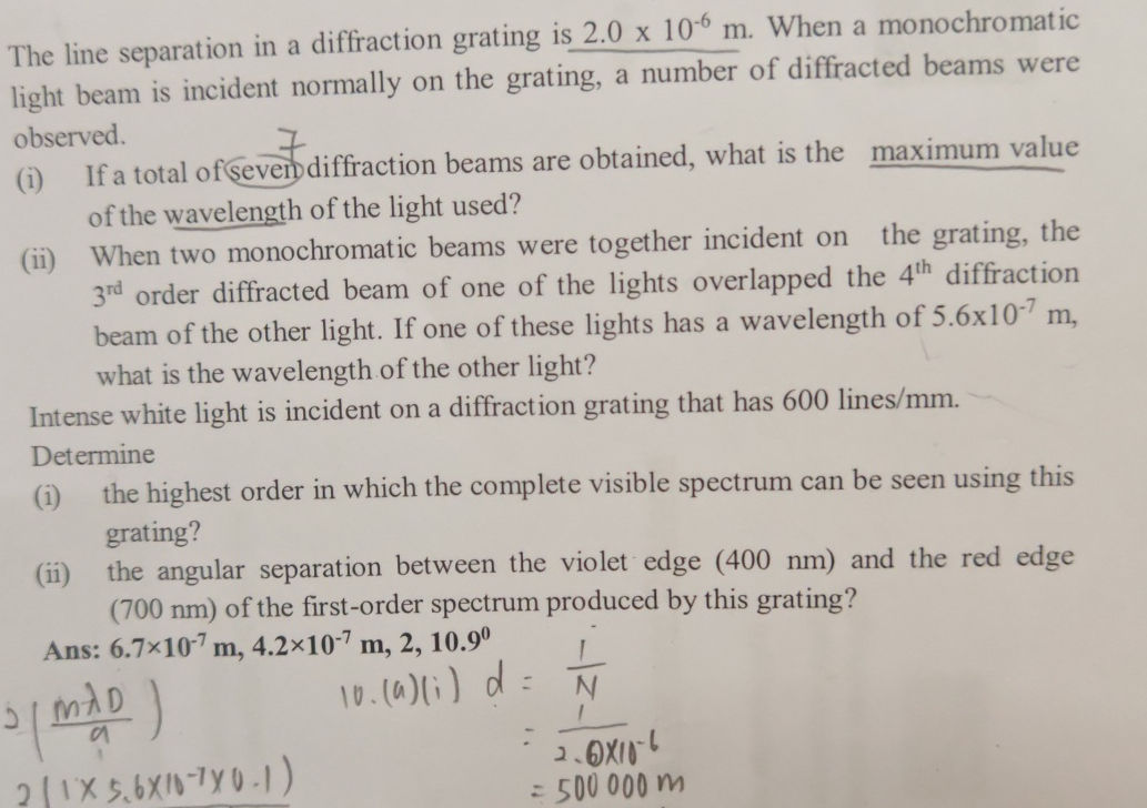 The line separation in a diffraction grating | StudyX