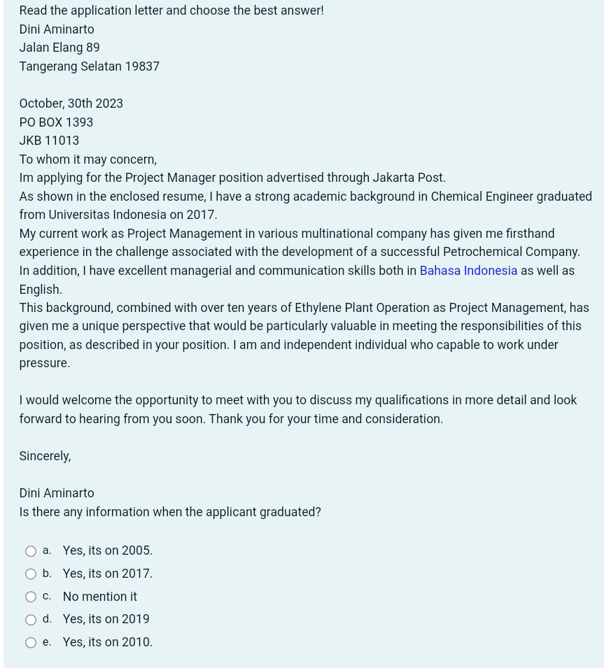 Read the application letter and choose the | StudyX