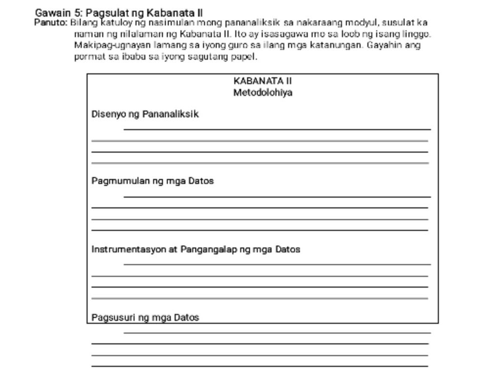 Gawain 5: Pagsulat ng Kabanata II Panuto: | StudyX