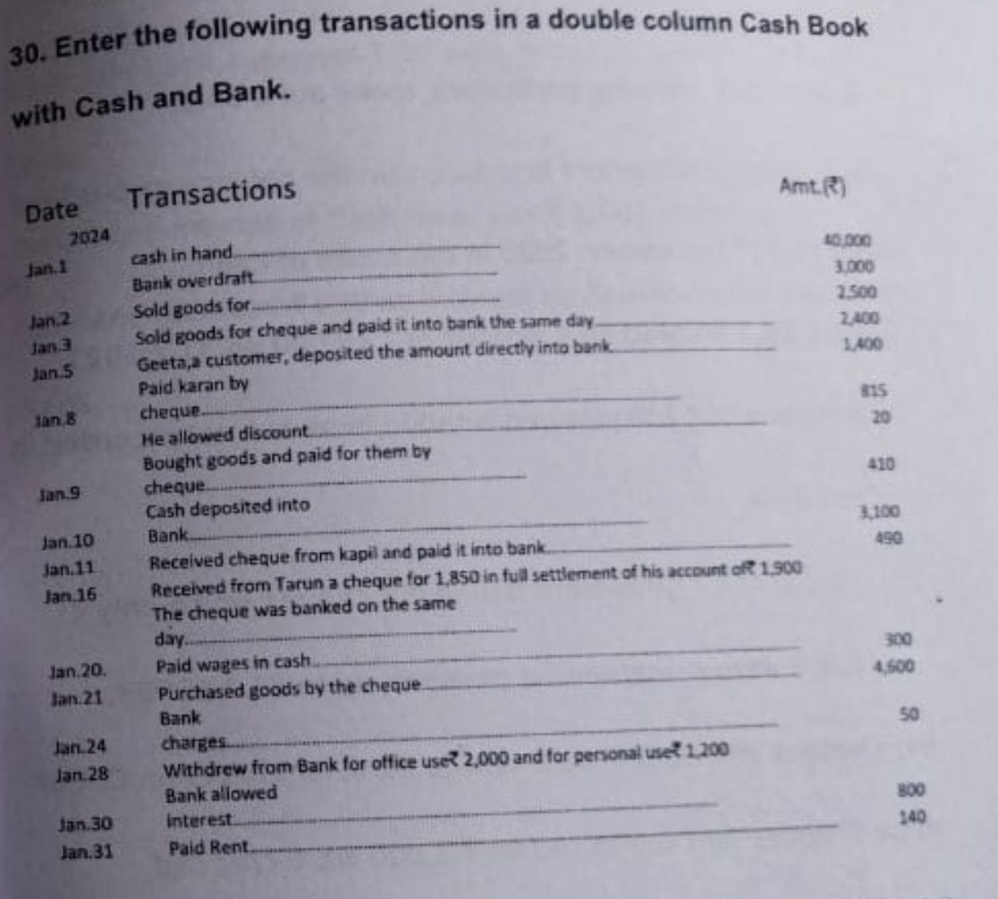 30. Enter the following transactions in a | StudyX