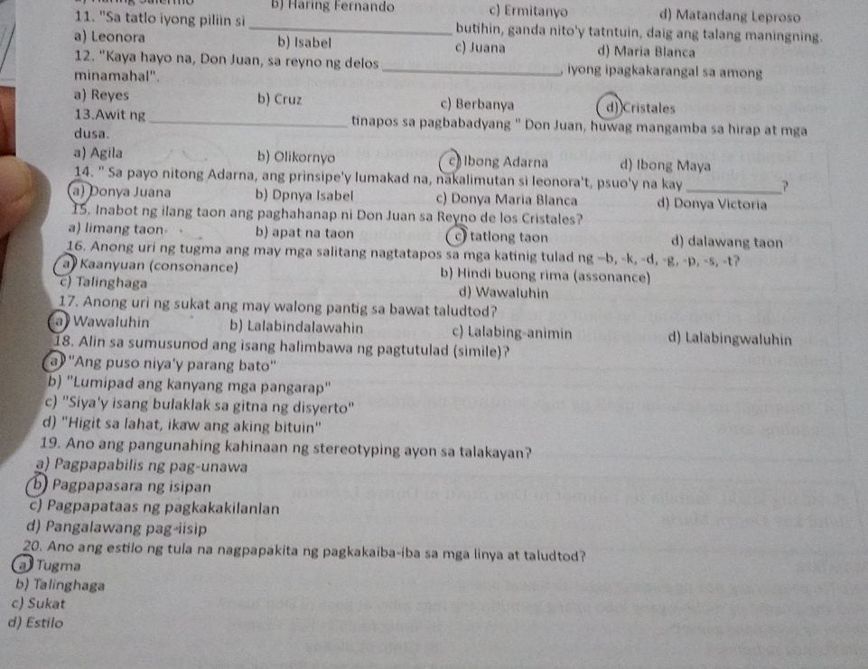 11. "Sa tatlo iyong piliin si a) Leonora | StudyX