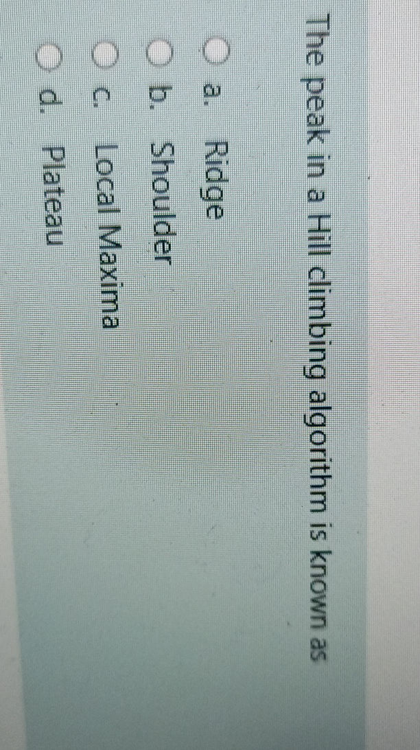 The peak in a Hill climbing algorithm is | StudyX