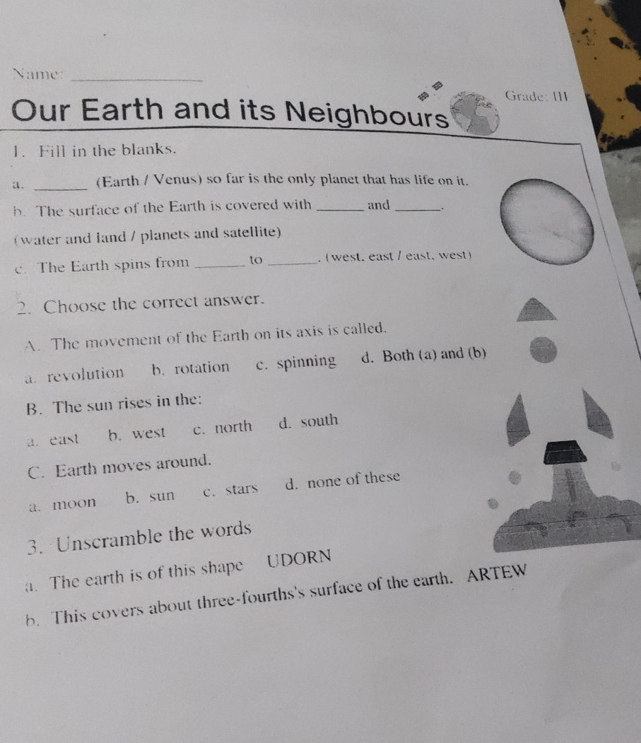 1. Fill in the blanks. a. ____ (Earth / | StudyX