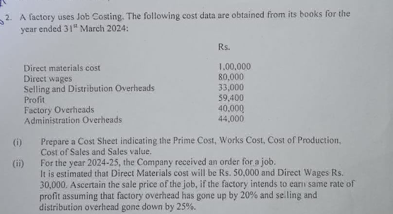 2. A factory uses Job Costing. The following | StudyX