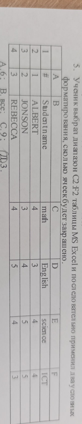 5. Ученик выбрал диапазон C2:F2 таблицы MS | StudyX