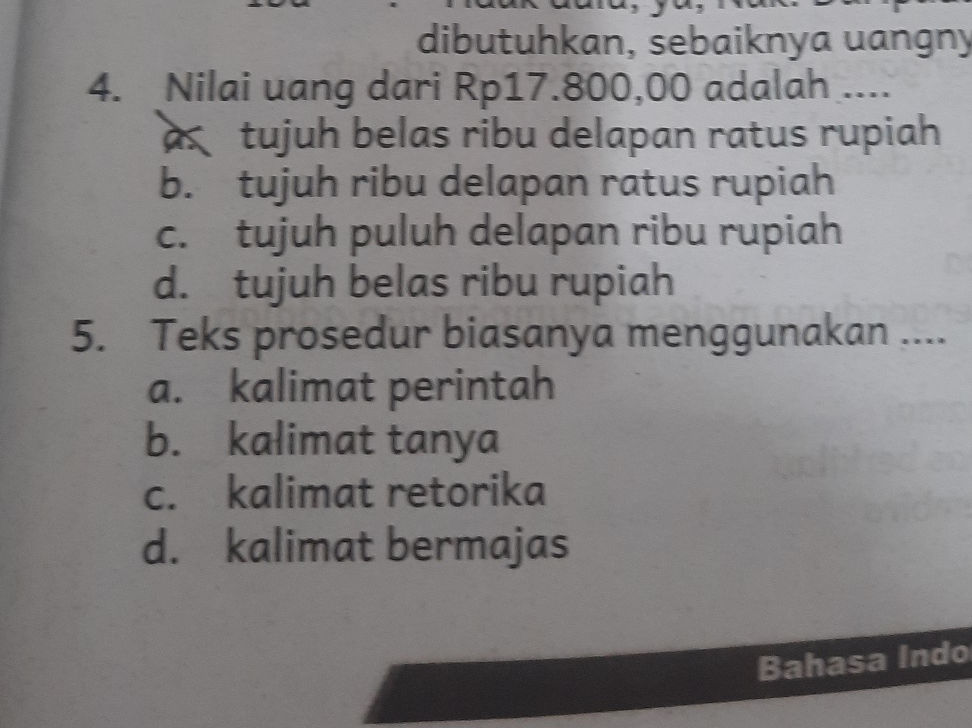 4. Nilai uang dari Rp17.800,00 adalah .... | StudyX