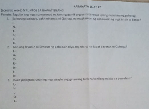 (acrostic word) 5 PUNTOS SA BAWAT BILANG | StudyX