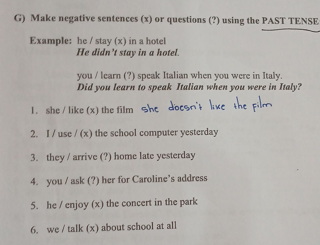 G) Make negative sentences (x) or questions | StudyX