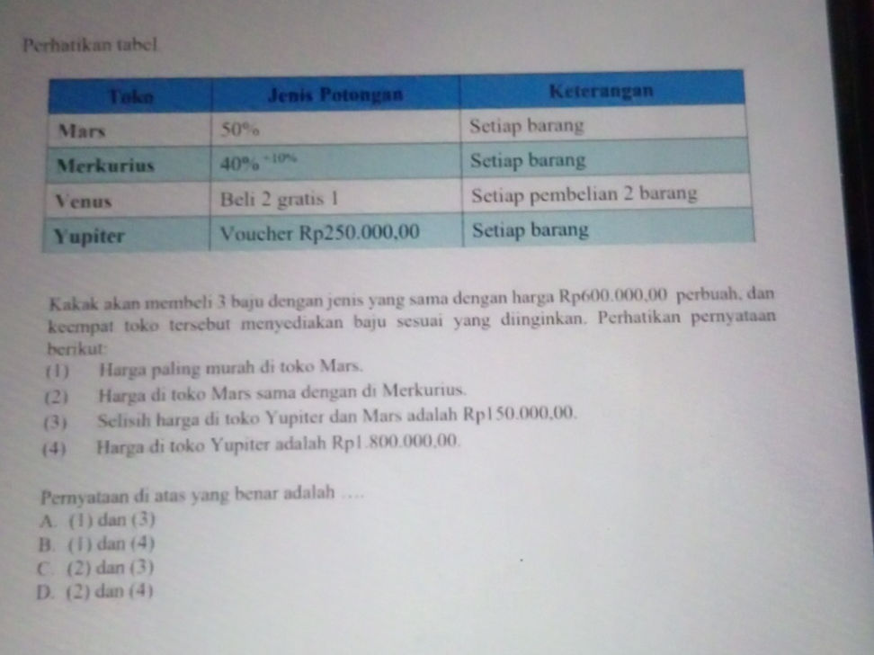 Perhatikan tabel | Toko | Jenis Potongan | | StudyX