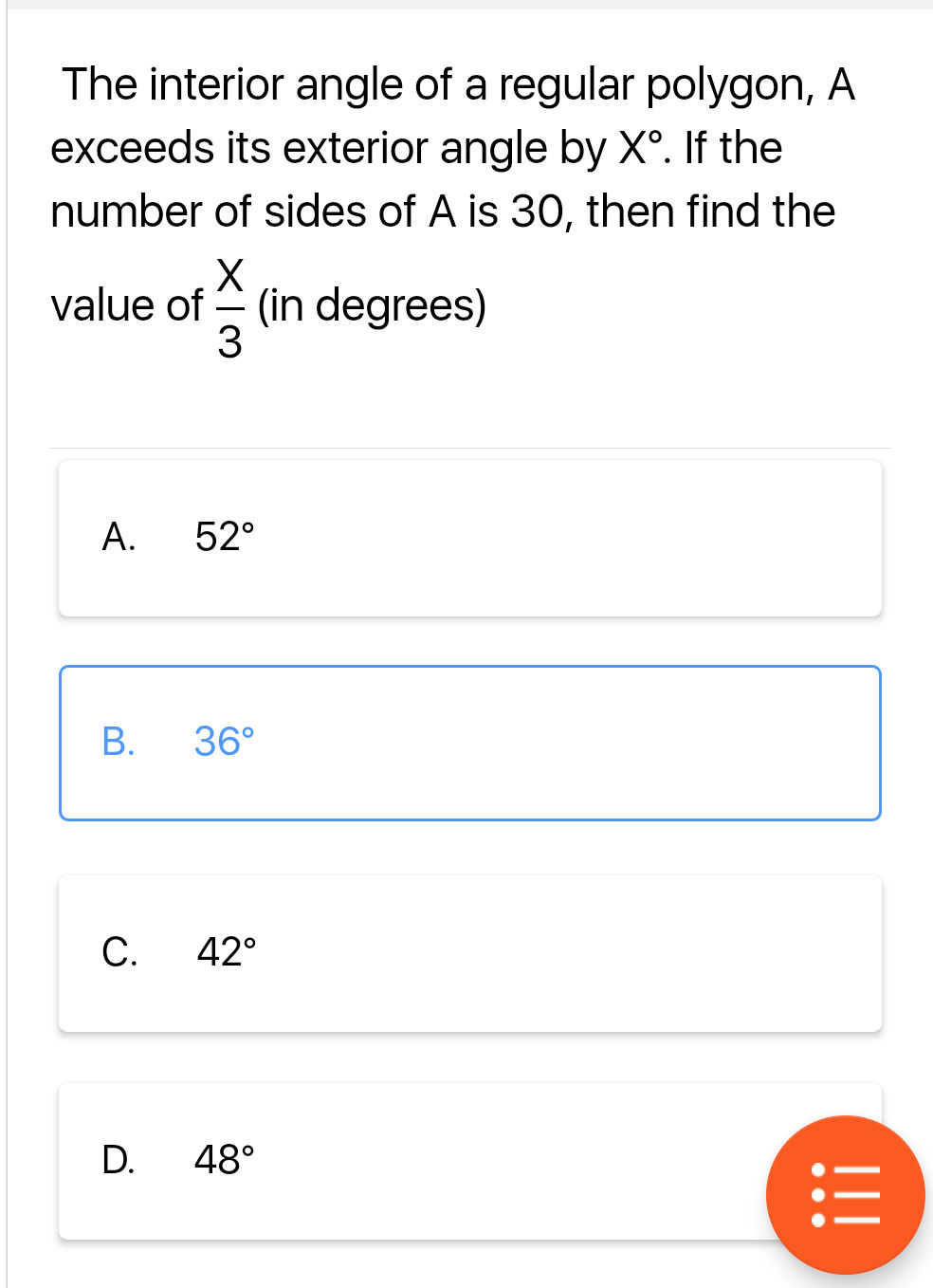 The interior angle of a regular polygon, A | StudyX