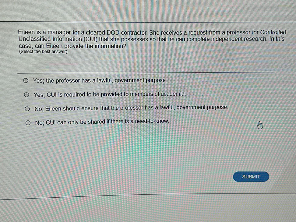 Eileen is a manager for a cleared DOD | StudyX