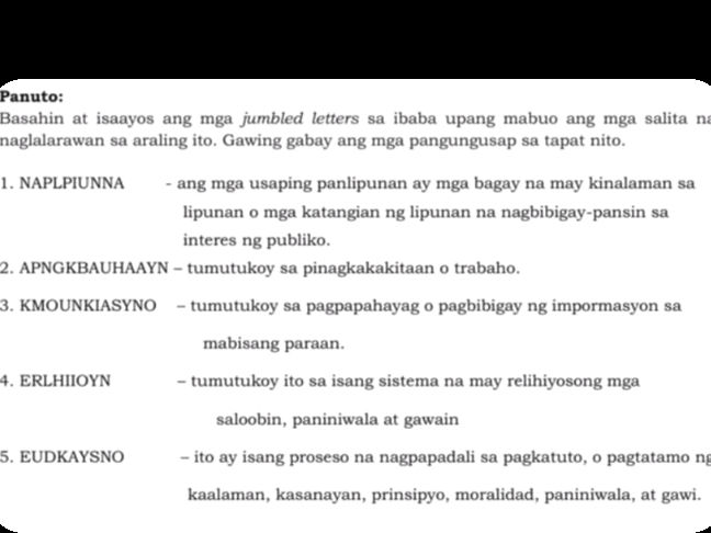 Panuto: Basahin at isaayos ang mga jumbled | StudyX