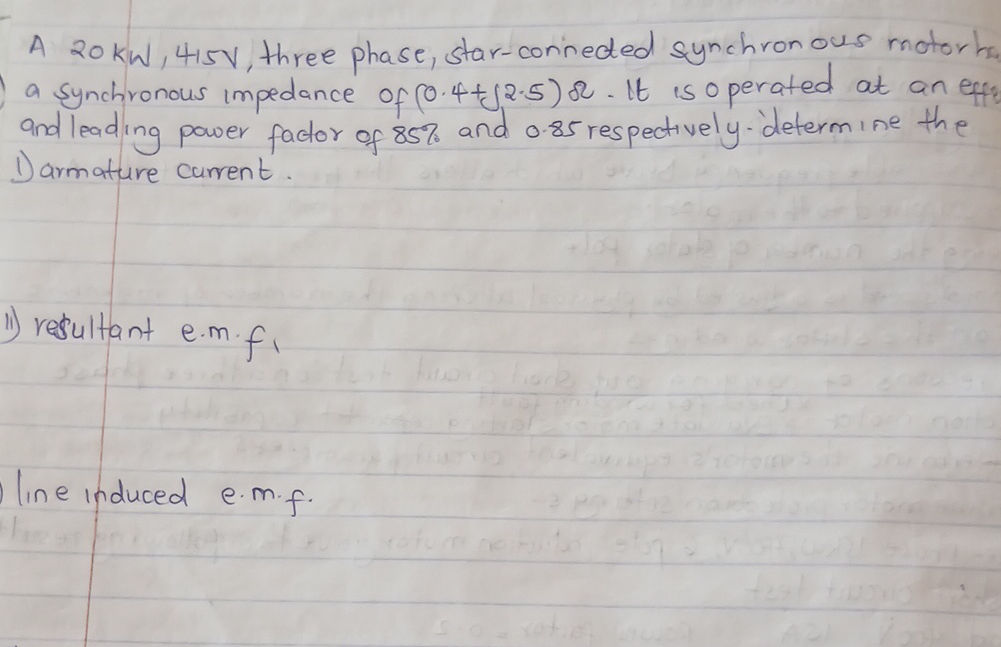 A 20kW, 415V, three phase, star-connected | StudyX