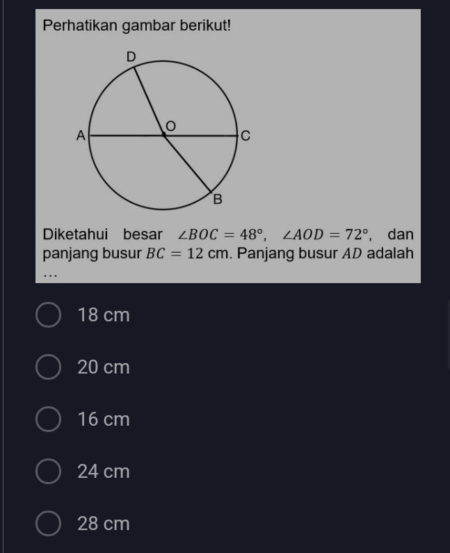 Diketahui besar ∠BOC = 48°, ∠AOD = 72°, dan | StudyX