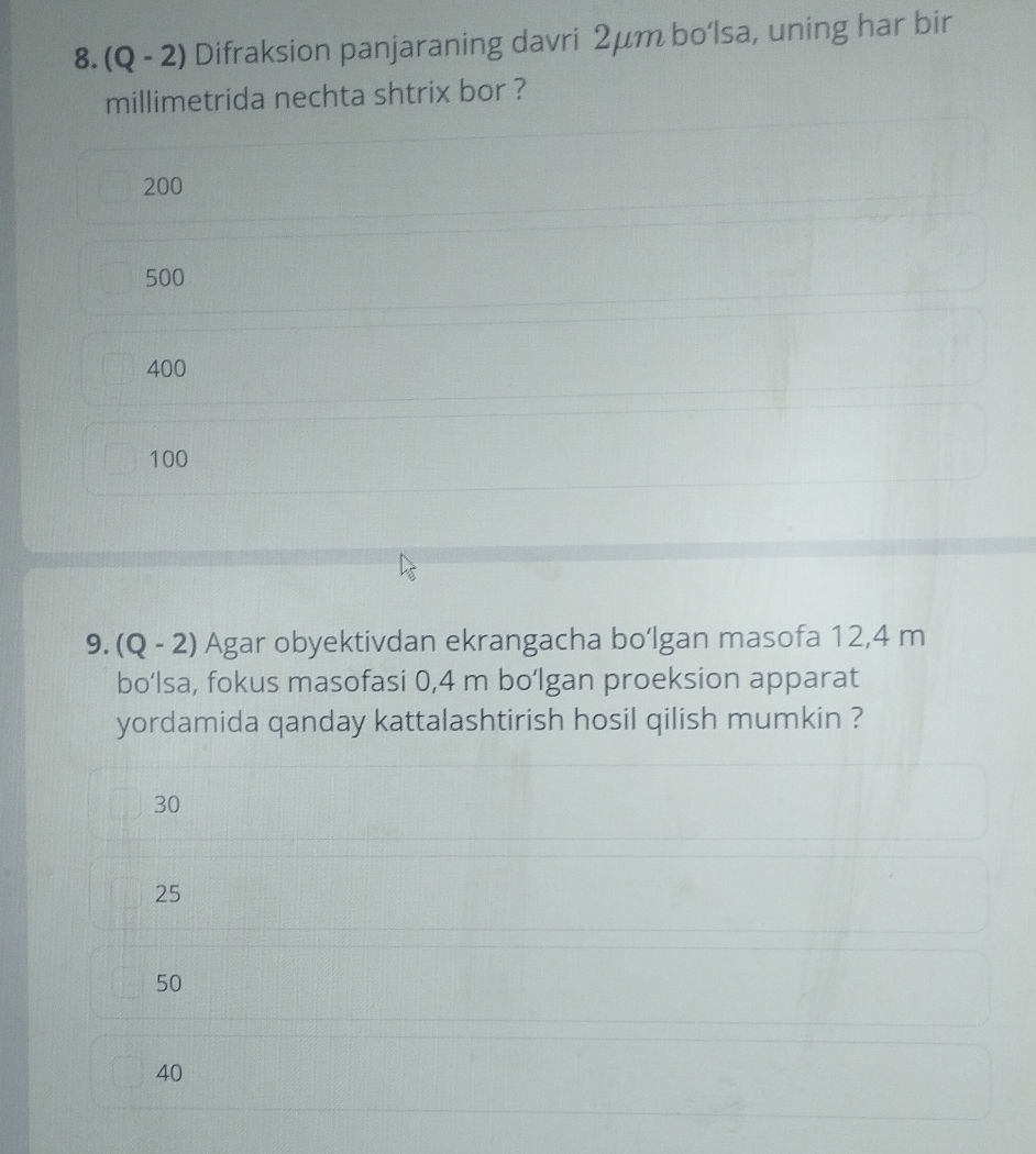 8. (Q - 2) Difraksion panjaraning davri 2µm | StudyX