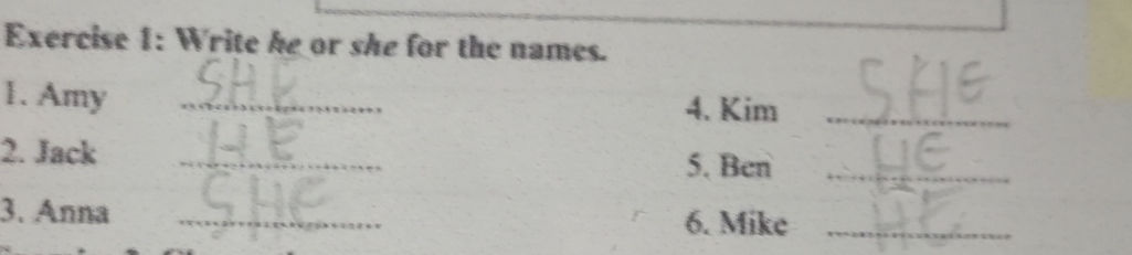 Exercise 1: Write he or she for the names. | StudyX