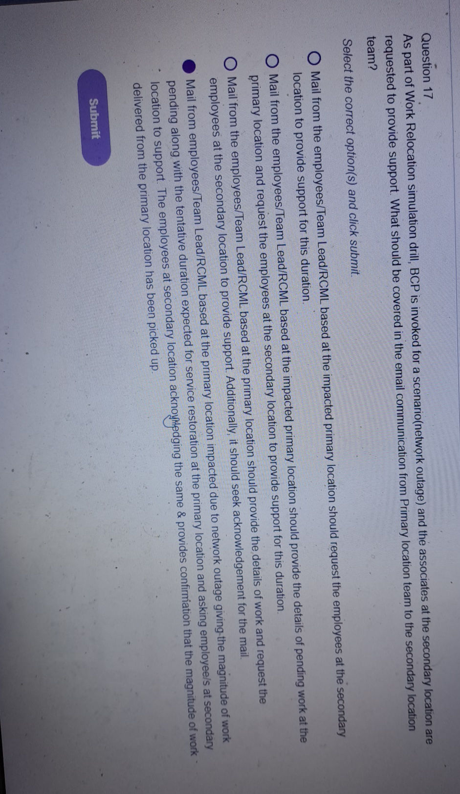 Question 17 As part of Work Relocation | StudyX