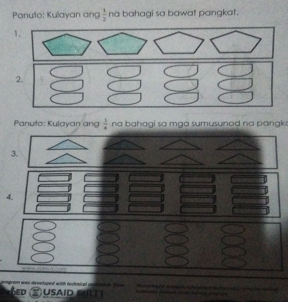 Panuto: Kulayan ang \( {1}{2}\) na bahagi sa | StudyX