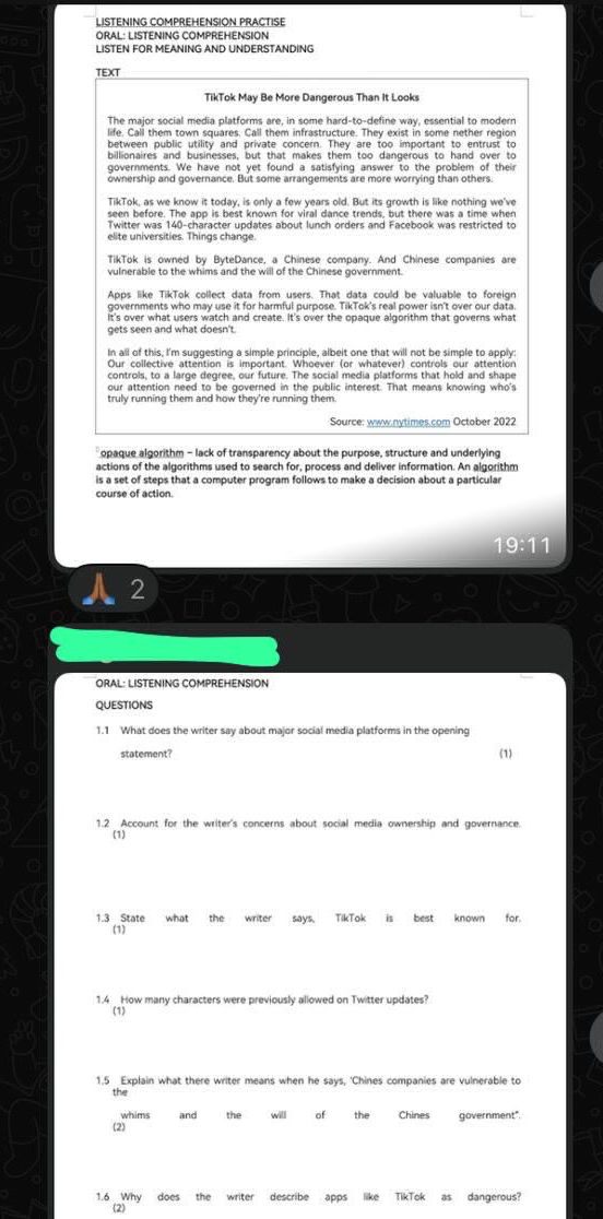 ORAL: LISTENING COMPREHENSION QUESTIONS 1.1 | StudyX