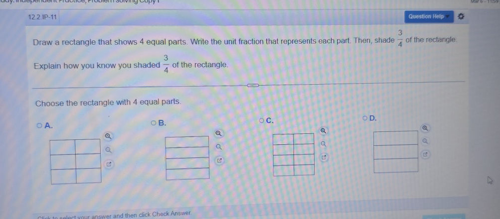 Draw a rectangle that shows 4 equal parts. | StudyX