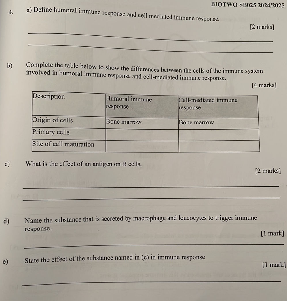 a) Define humoral immune response and cell | StudyX