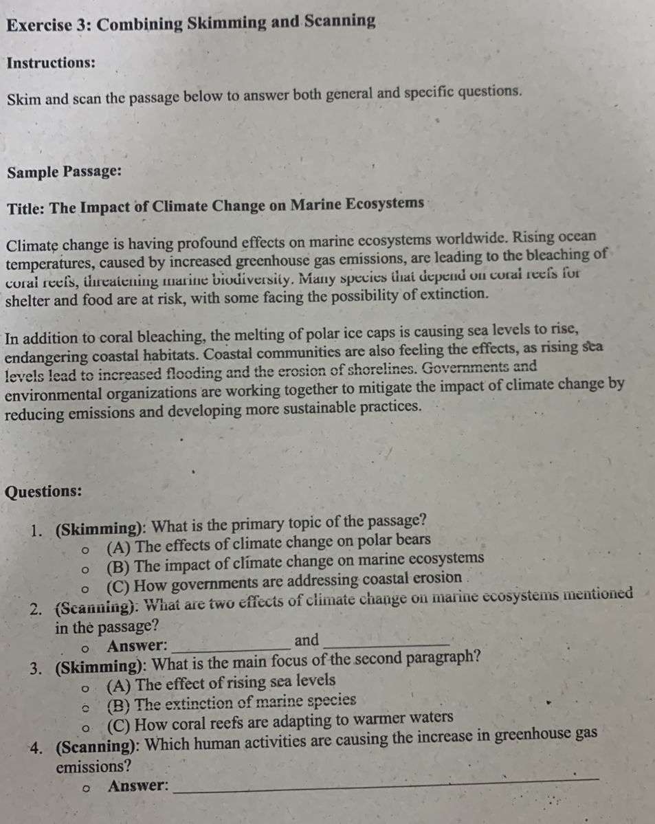 Exercise 3: Combining Skimming and Scanning | StudyX