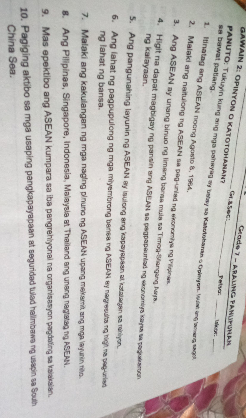 GAWAIN 2: OPINYON O KATOTOHANAN? PANUTO: | StudyX