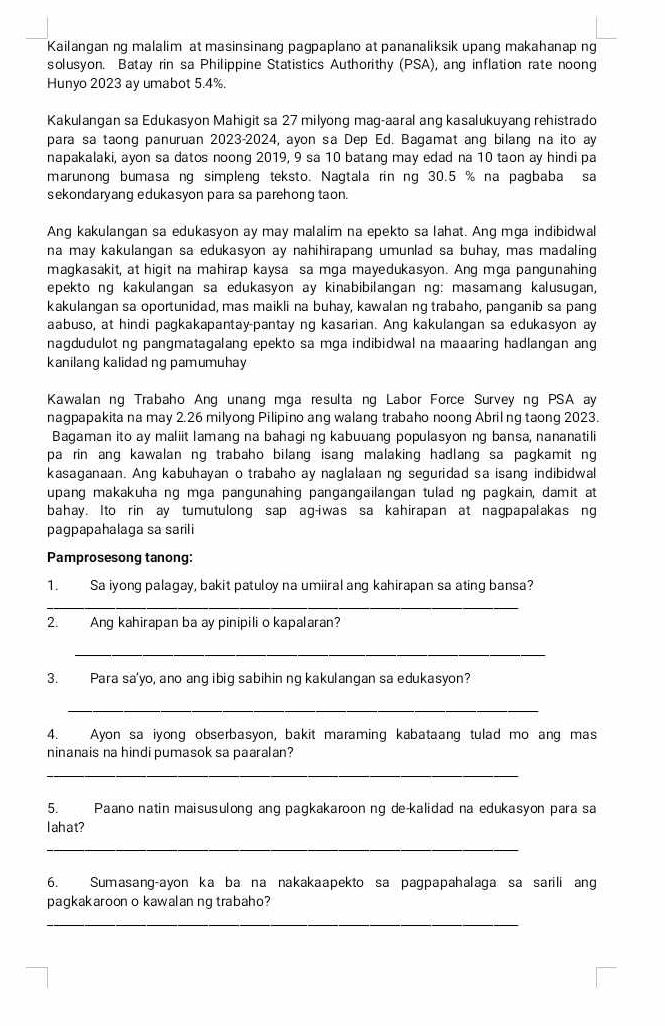 Pamprosesong tanong: 1. Sa iyong palagay, | StudyX